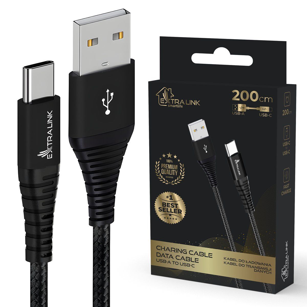 Kabel USB Extralink Smart Life USB Type-A to Type-C pleciony, czarny ...